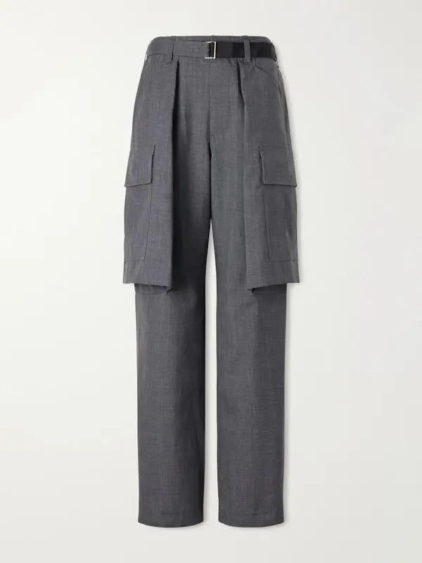 Sacai Pleated Belted Twill Wide-leg Pants - Gray