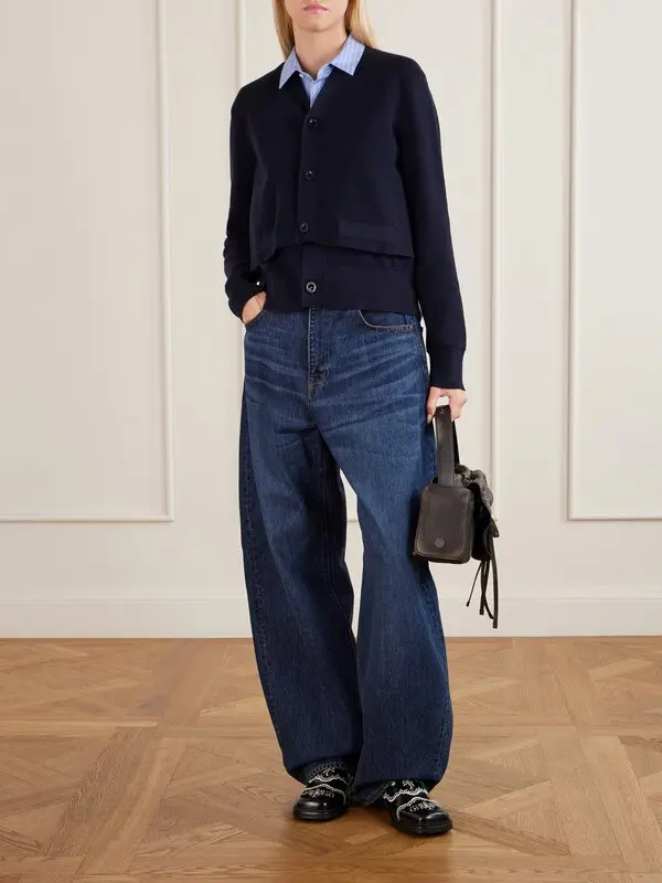 Sacai Ribbed V-neck Cardigan With Striped Poplin Collar