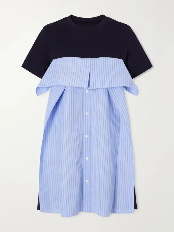 Sacai Paneled Ruffled Cotton-jersey And Poplin Mini Dress - Blue