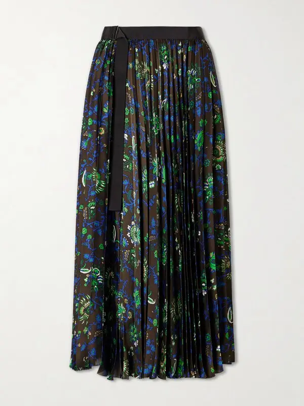 Sacai Belted Grosgrain-trimmed Pleated Floral-print Georgette Midi Skirt - Black