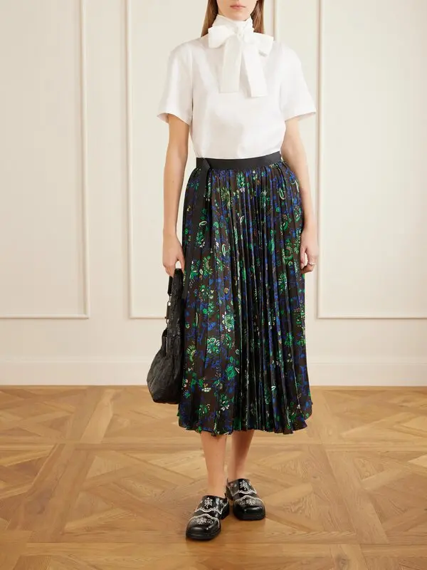 Sacai Belted Grosgrain-trimmed Pleated Floral-print Georgette Midi Skirt - Black