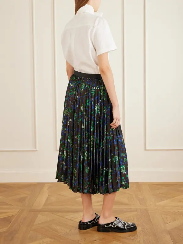 Sacai Belted Grosgrain-trimmed Pleated Floral-print Georgette Midi Skirt - Black