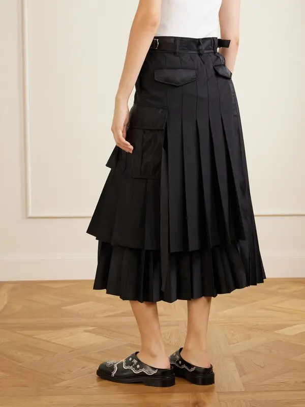Sacai Pleated Twill And Shell Midi Skirt