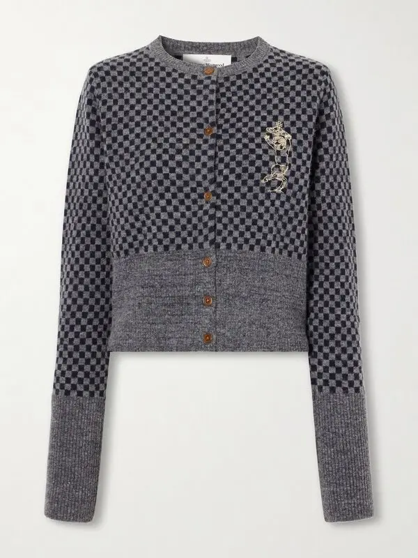 VIVIENNE WESTWOOD Checkmate Logo-embroidered Alpaca, Cotton And Wool-blend Cardigan - Gray