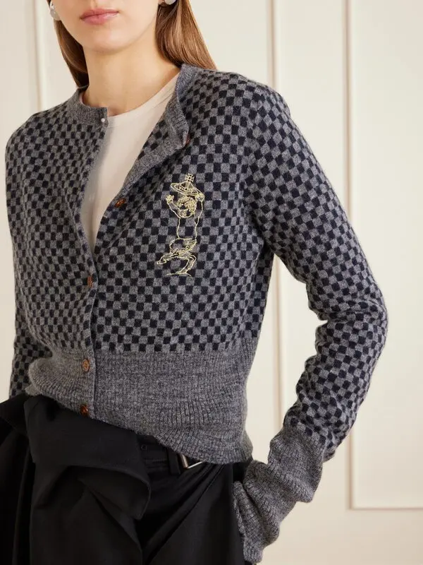 VIVIENNE WESTWOOD Checkmate' Logo-embroidered Alpaca, Cotton And Wool-blend Cardigan - Gray