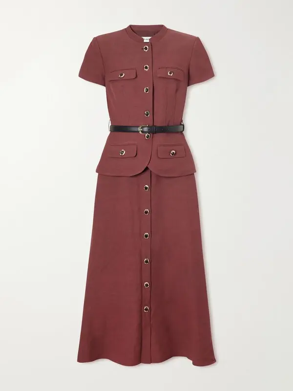SELF-PORTRAIT Belted Peplum Midi Dress - Brown