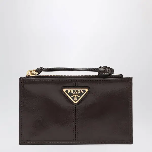 Prada Dark Calf Leather Zip Card Holder - Brown
