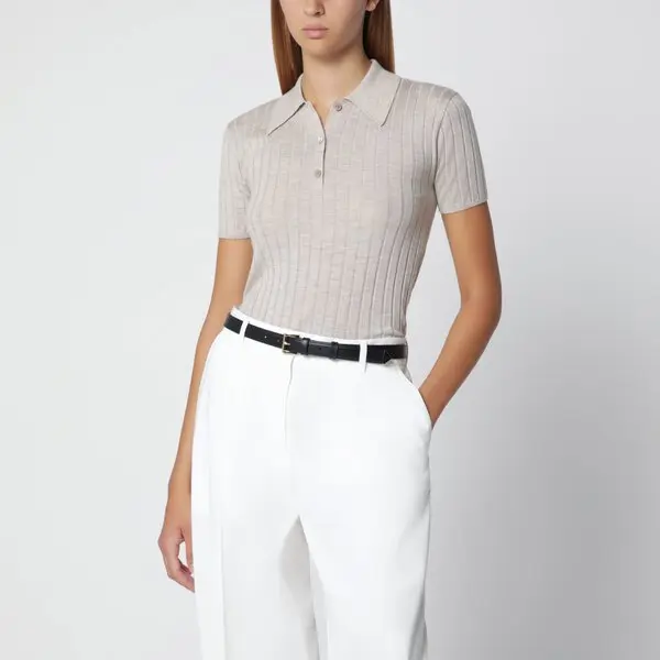 TOTEME Greige Ribbed Cashmere And Silk Polo Shirt - Beige