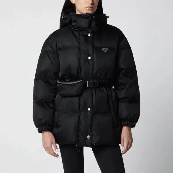 Prada Re-nylon Hooded Padded Jacket With Front Pouch - Black