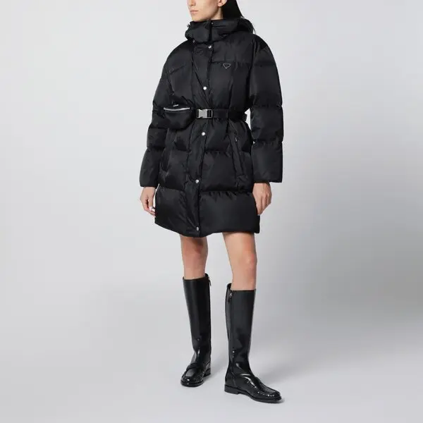 Prada Re-nylon Long Down Jacket With Belt Bag - Black