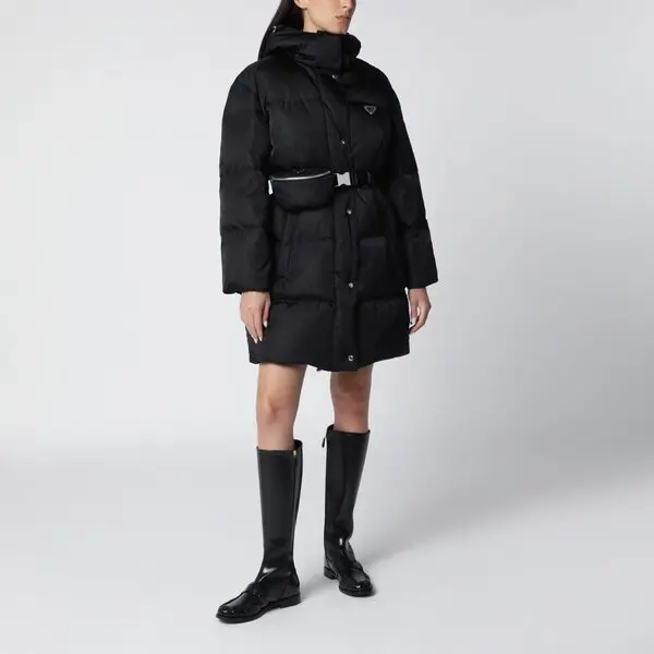 Prada Re-nylon Long Down Jacket With Belt Bag