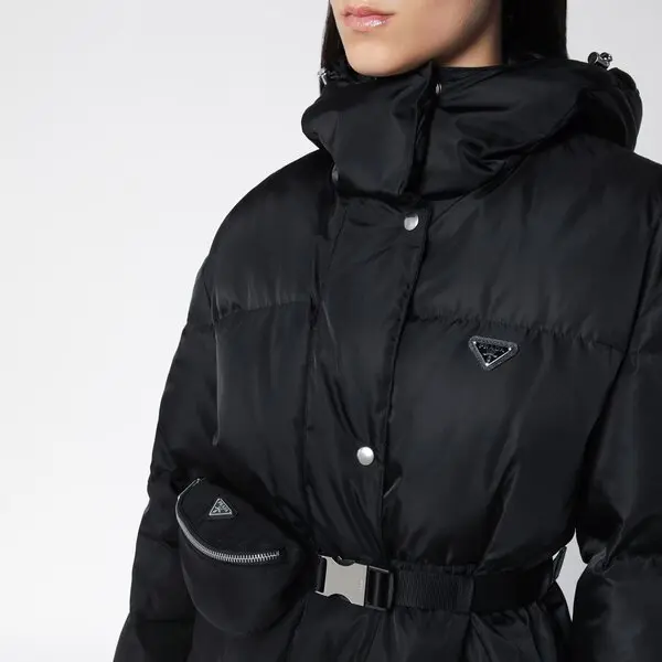 Prada Re-nylon Long Down Jacket With Belt Bag