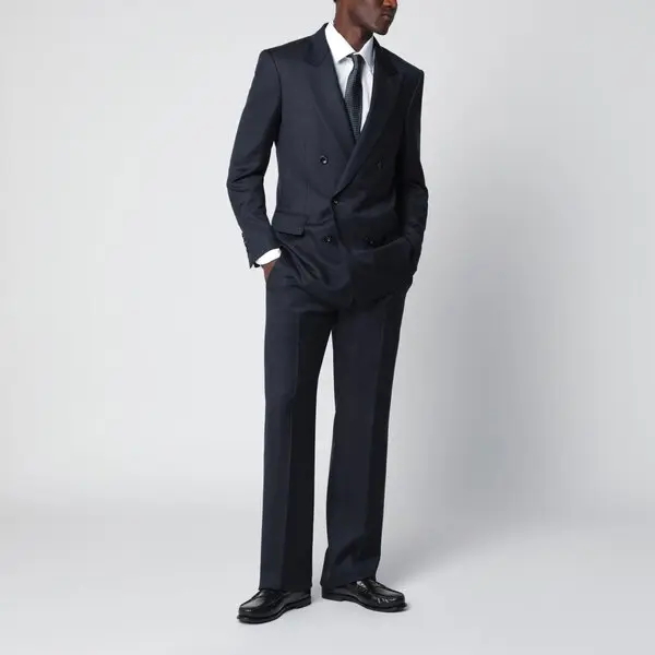 TOM FORD Navy Double-breasted Wool Suit - Blue