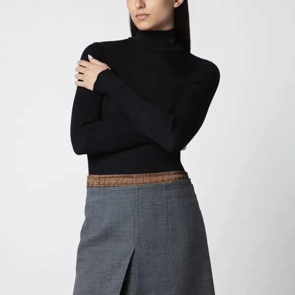 Prada Ribbed Turtleneck Sweater With Triangle Logo - Black