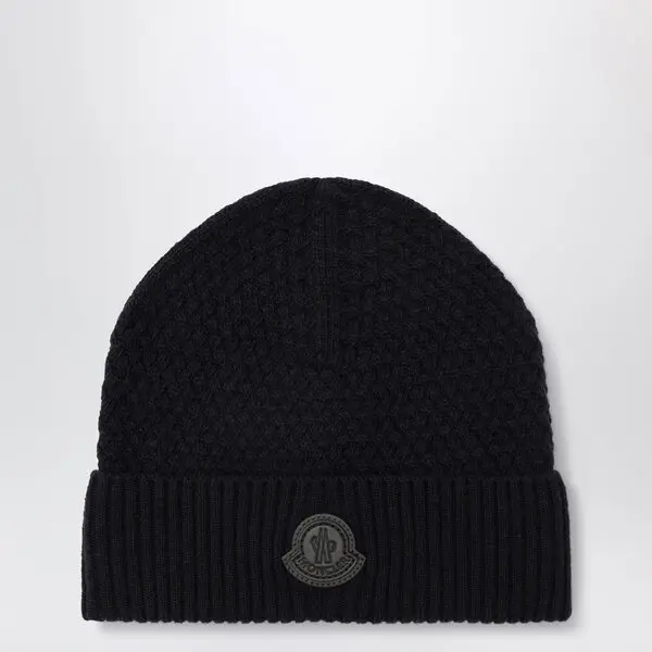 Moncler Navy Wool Beanie With Logo Patch - Blue