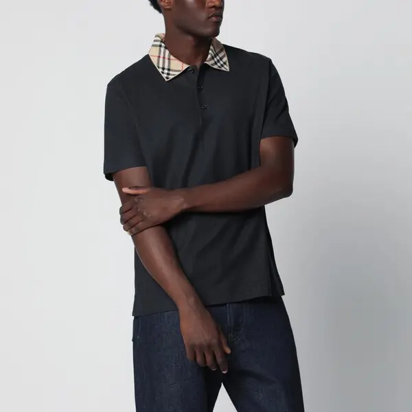 Burberry Dark Polo Shirt With Check Collar - Grey