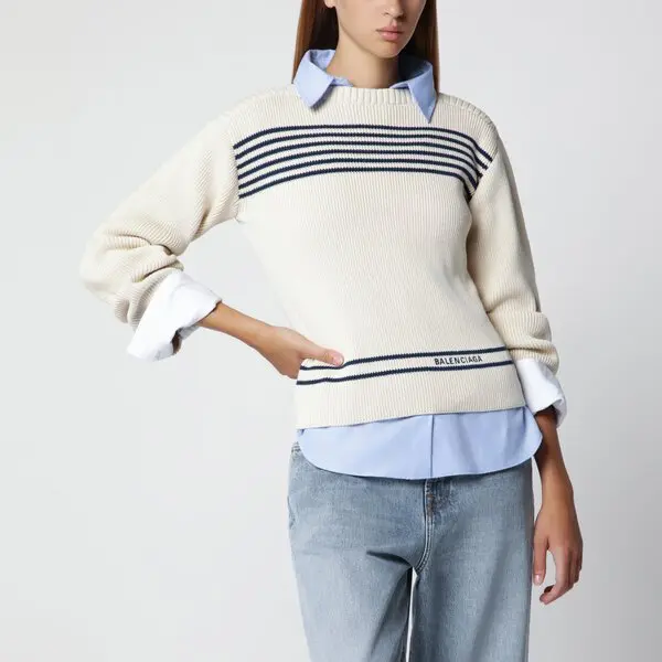 Balenciaga Boat-neck Ribbed Cotton Sweater In Navy/white - Blue