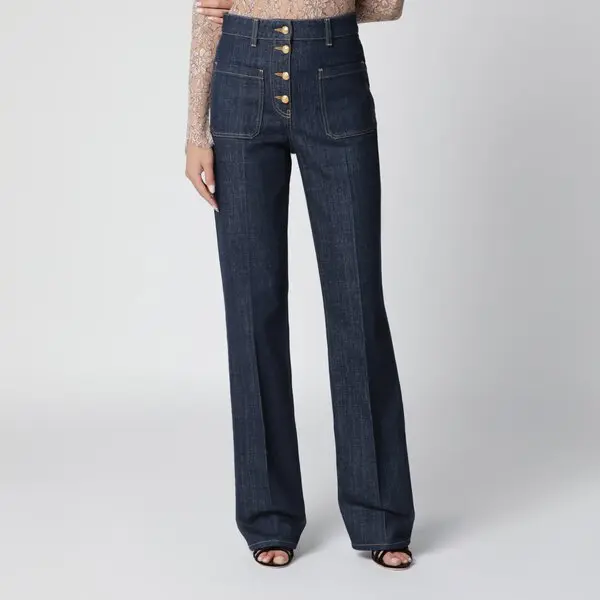 Valentino Garavani Cotton Denim Pants With Logo Buttons, Medium - Blue