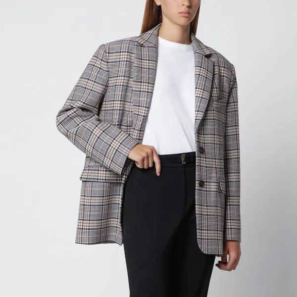 ANINE BING Single-breasted Checked Blazer - Beige