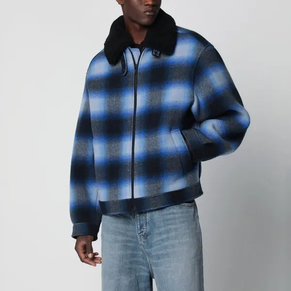 Balenciaga Plaid Wool Flannel Bomber Jacket In /black - Blue