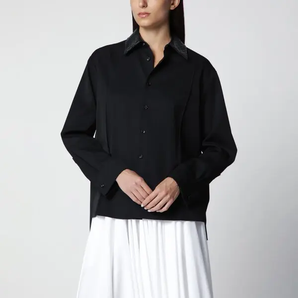Bottega Veneta Light Wool Twill Shirt With Braided Leather Collar - Black