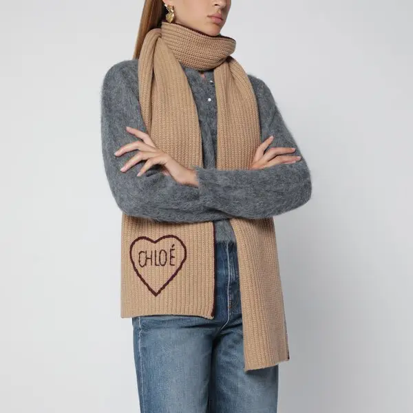 Chloé Encoeur Wool And Cashmere Scarf In Bleached - Brown