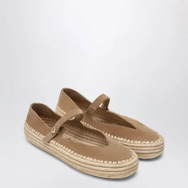 Loewe Rio Mary Janes In Dark Suede And Raffia - Beige