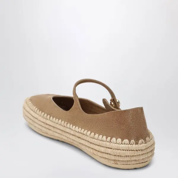Loewe Rio Mary Janes In Dark Suede And Raffia - Beige