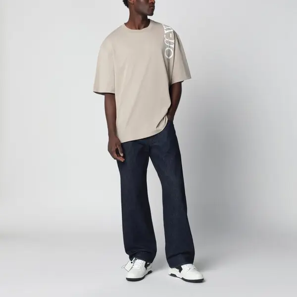 Off-White Beige Cotton Crew-neck T-shirt With Printed Logo - White