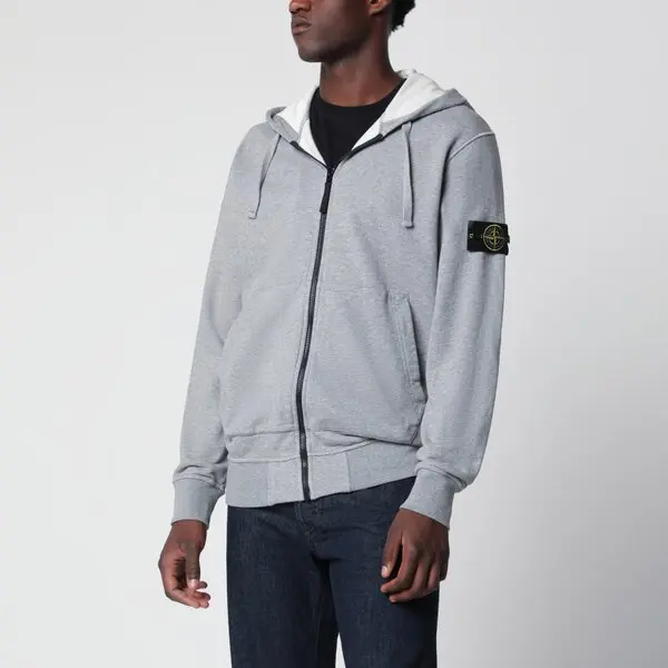 Stone Island Mélange Cotton Hoodie With Drawstring And Ribbed Trim - Grey