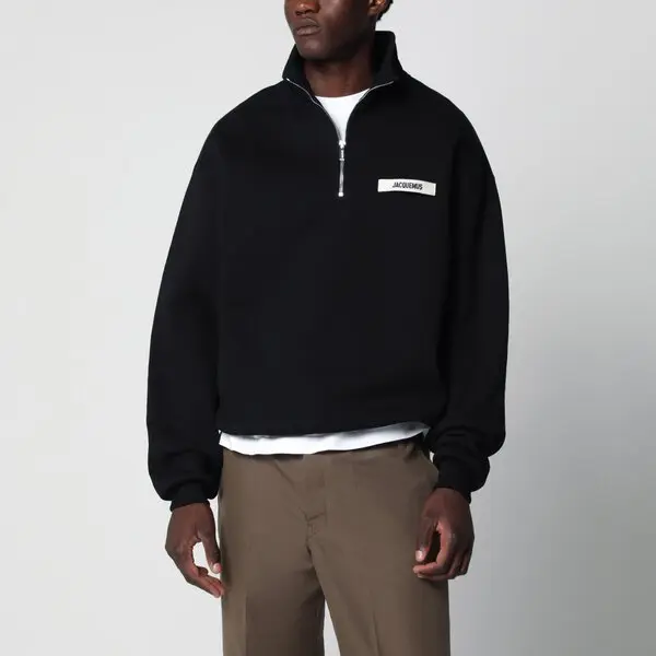 Jacquemus Zip-neck Sweatshirt With Gros Grain Logo - Black