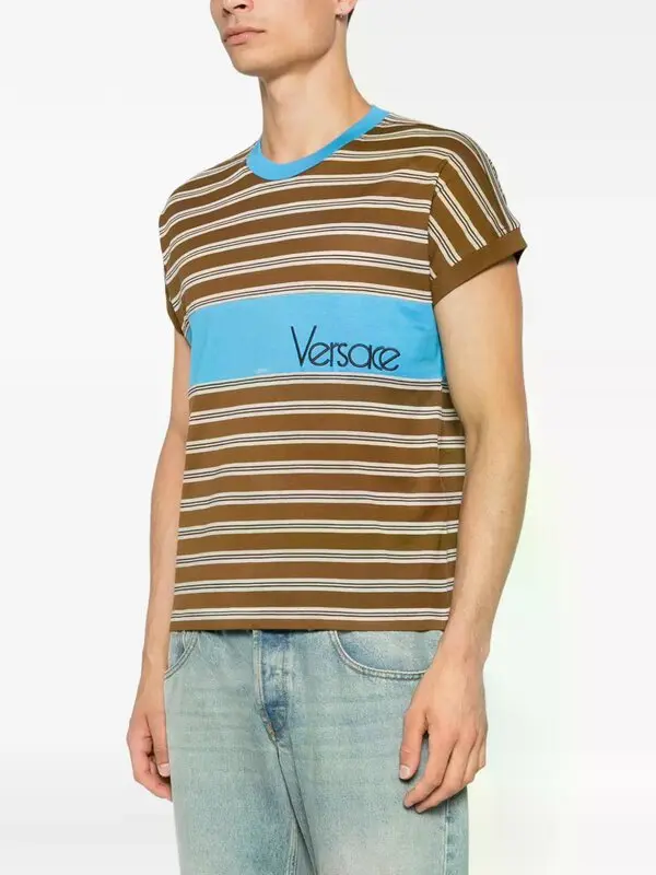 Versace Logo-embroidered Striped T-shirt - Brown