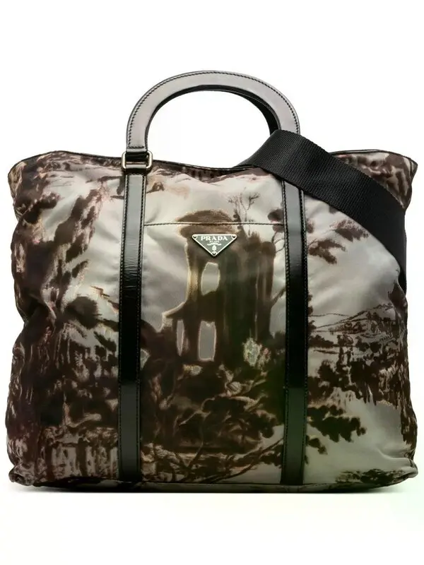 Prada 2013-2026 Tessuto New York Street Templi Print Convertible Tote Satchel - Brown