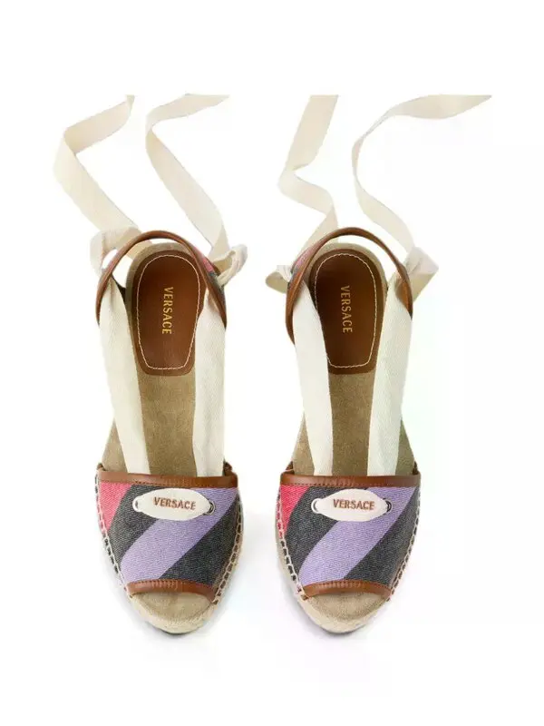 Versace Lola Striped Denim Wedge Espadrille Sandals