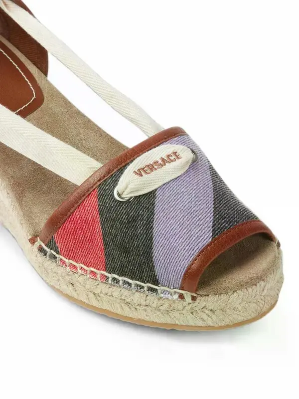 Versace Lola Striped Denim Wedge Espadrille Sandals