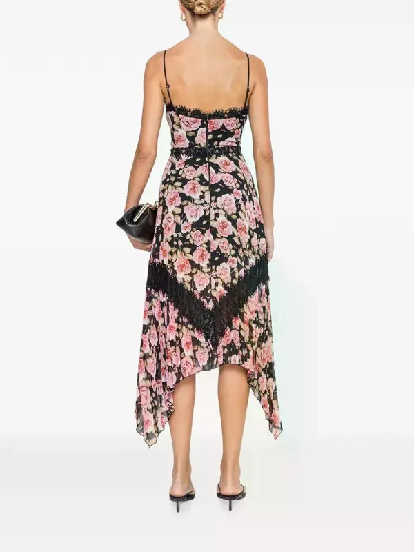 NISSA Pleated Floral Midi Dress With Lace Inserts