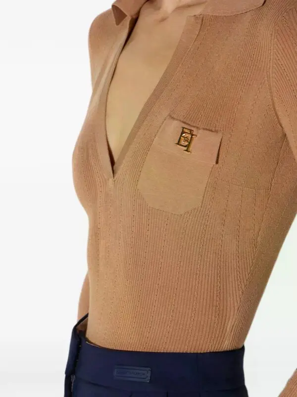 Elisabetta Franchi Knit Bodysuit With Polo Collar And Embroidered Details - Neutrals