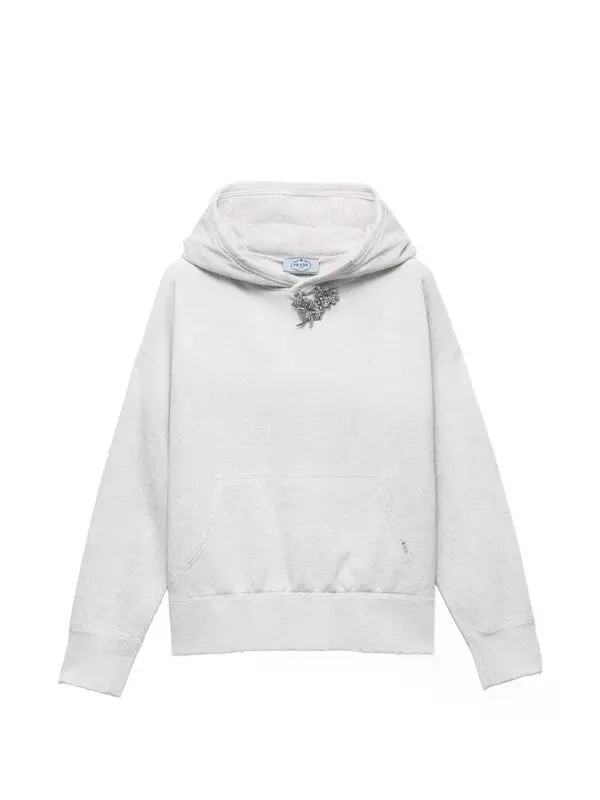 Prada Cotton Fleece Hoodie With Jewel Brooch - Grey