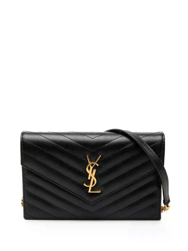 Saint Laurent 2025 Grain De Poudre Chevron Cassandre Envelope Chain Wallet Crossbody Bag - Black