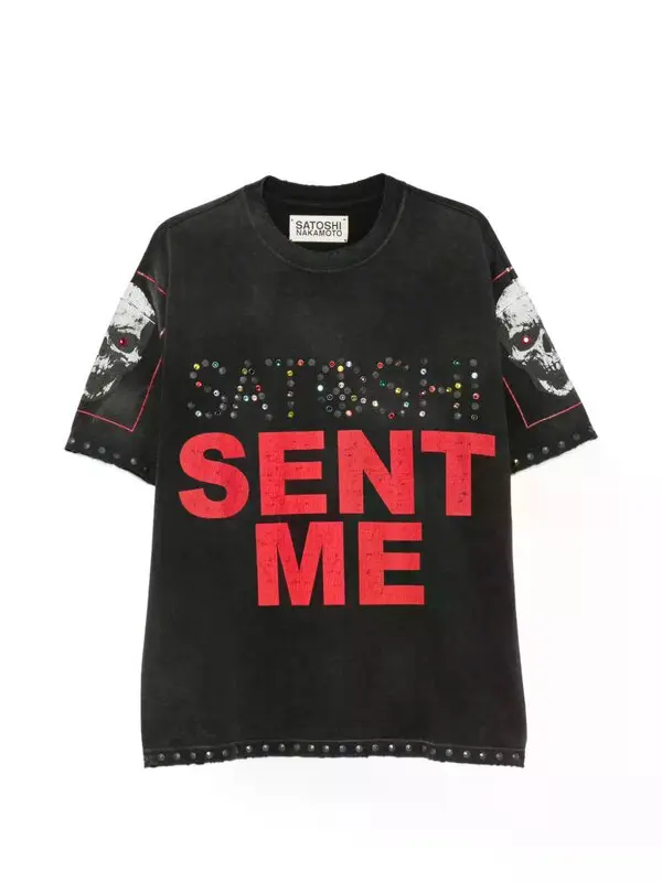 SATOSHI NAKAMOTO Stud-embellished Skull-print T-shirt