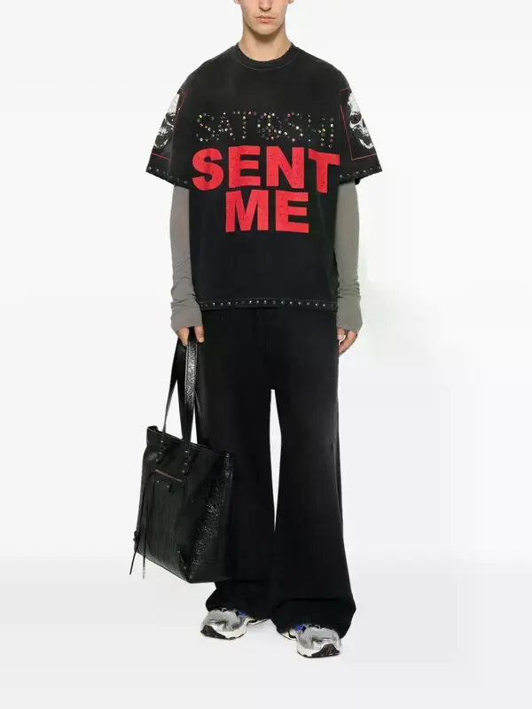 SATOSHI NAKAMOTO Stud-embellished Skull-print T-shirt