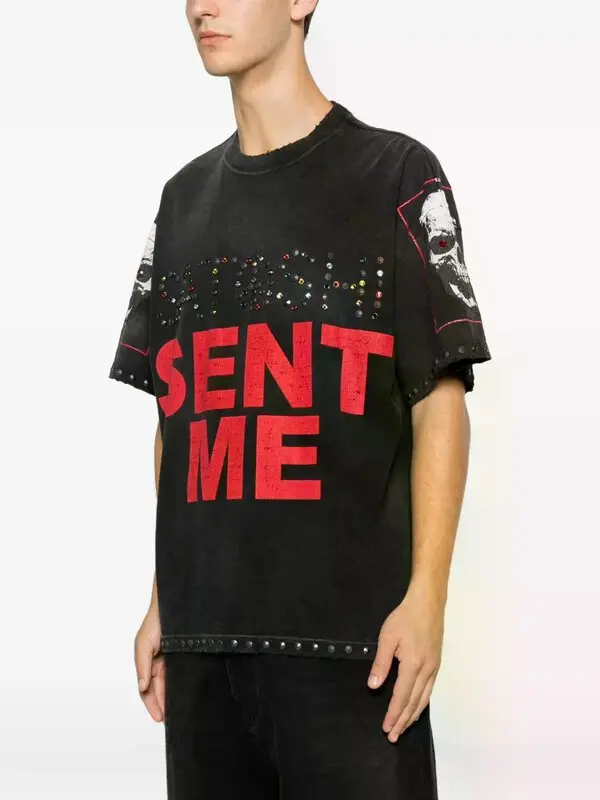 SATOSHI NAKAMOTO Stud-embellished Skull-print T-shirt