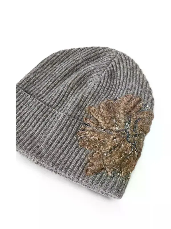 Brunello Cucinelli Cashmere Ribbed Beanie With Whispering Bloom Embroidery - Grey