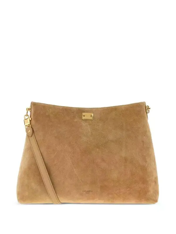 Dolce & Gabbana Logo-plaque Suede Shoulder Bag - Neutrals