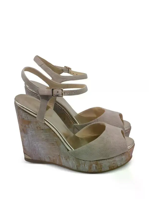 JIMMY CHOO Beige Leather Suede Ankle Strap Wedge Sandals - Neutrals