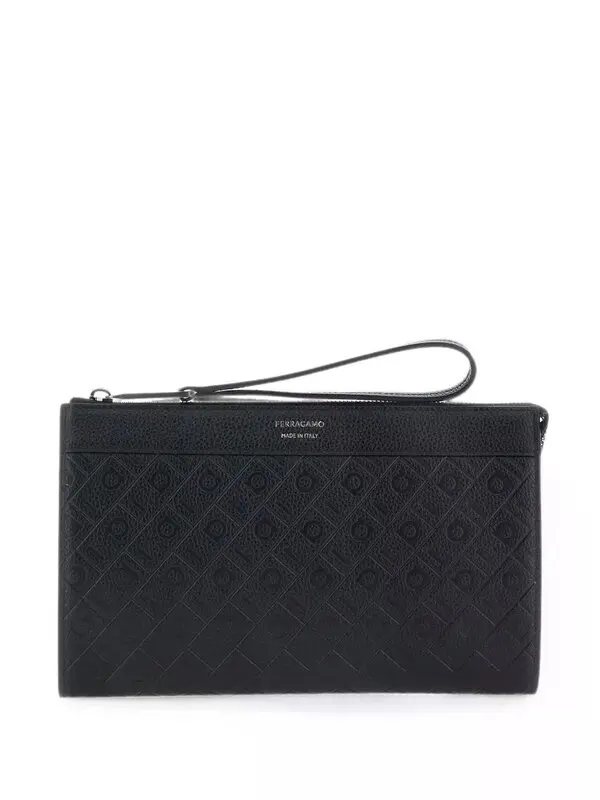 FERRAGAMO Gancini-embossed Leather Clutch Bag - Black