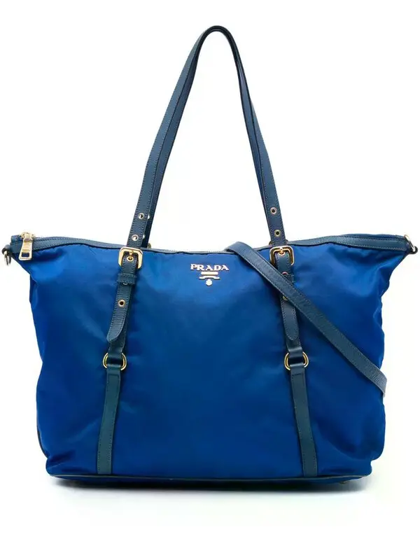 Prada 2013-2026 Saffiano Trimmed Tessuto Zip Top Convertible Tote Satchel - Blue