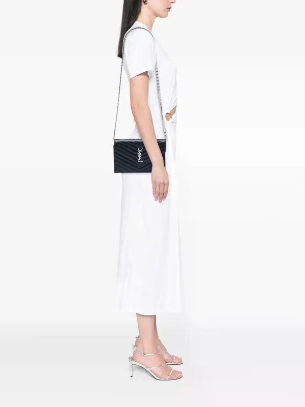 Saint Laurent Grain De Poudre Chevron Cassandre Envelope Chain Wallet Crossbody Bag - Black