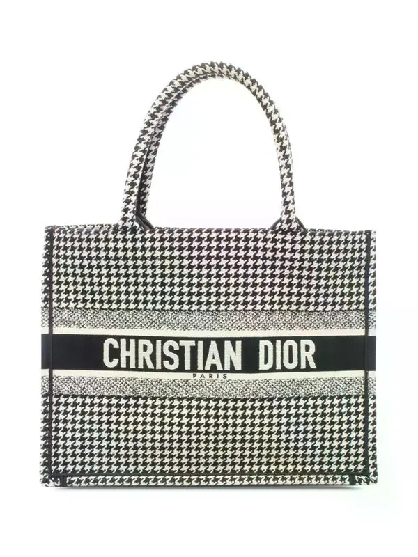 Dior 2018-2019 Medium Canvas Houndstooth Embroidered Book Tote Bag - Black