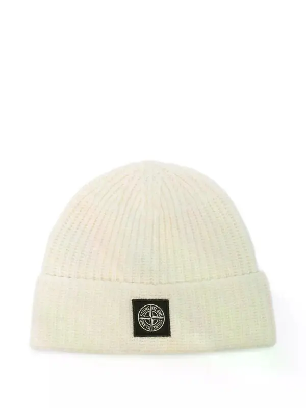 Stone Island Logo-patch Ribbed-knit Beanie Hat - Neutrals